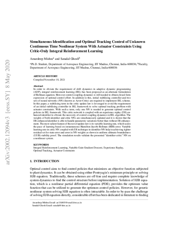 Pdf Simultaneous Identification And Optimal Tracking Control Of Unknown Continuous Time
