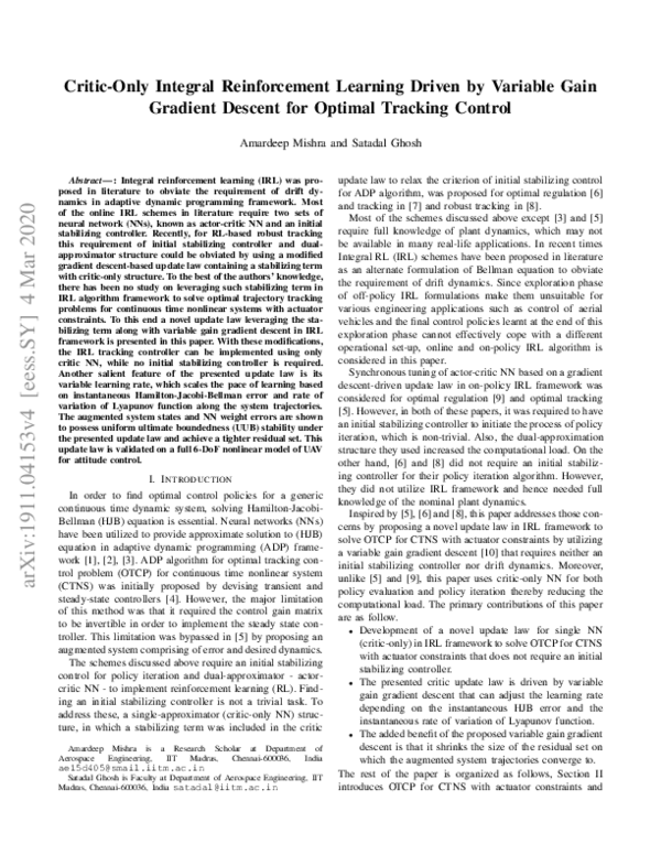 (PDF) Critic-Only Integral Reinforcement Learning Driven by Variable Gain Gradient Descent for ...