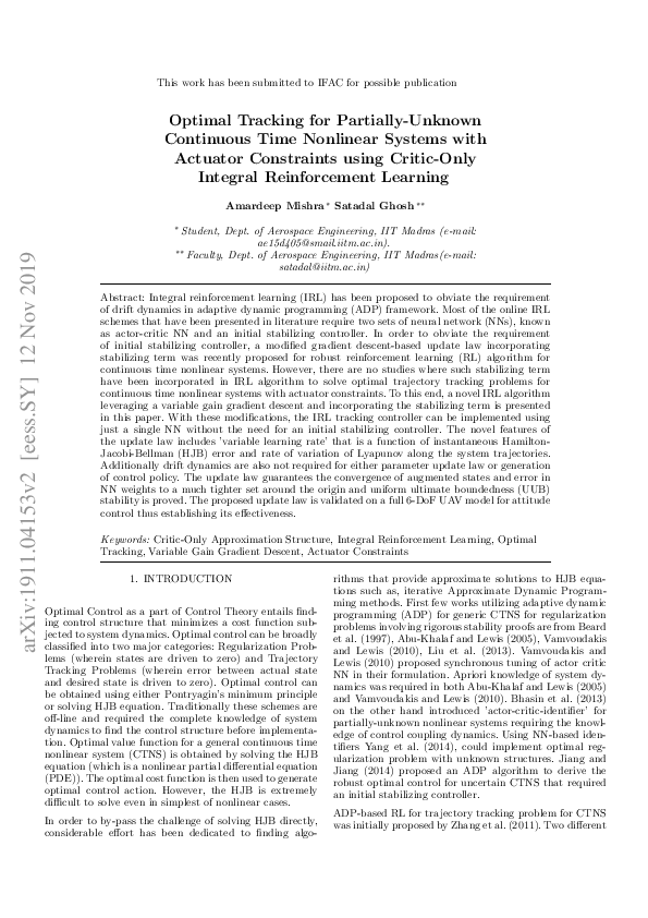 (PDF) Optimal Tracking for Partially-Unknown Continuous Time Nonlinear Systems with Actuator ...