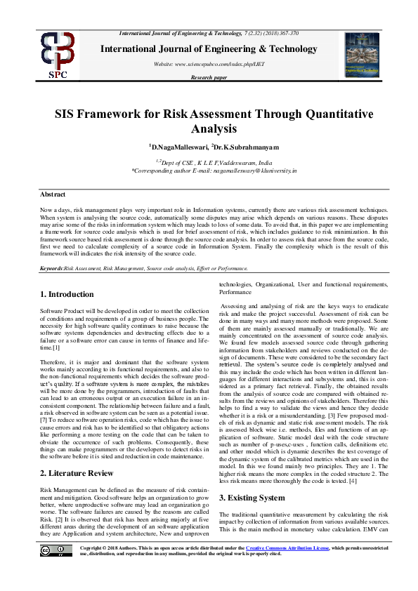(PDF) SIS Framework for Risk Assessment Through Quantitative Analysis