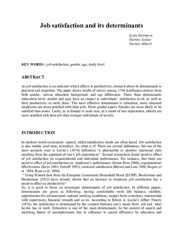 (PDF) Job Satisfaction and its Determinants