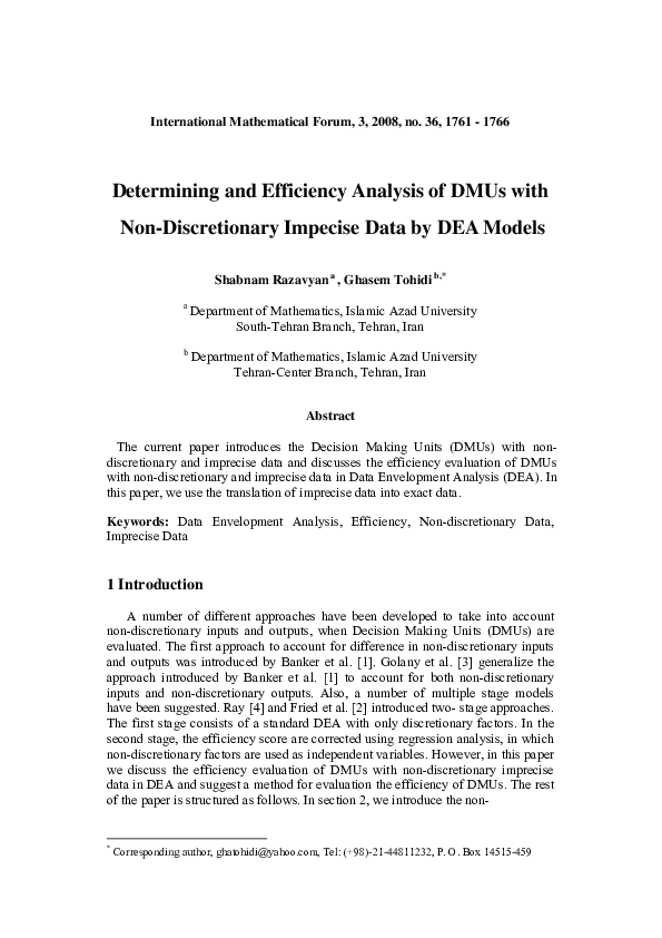 (PDF) Determining and Efficiency Analysis of DMUs with Non-Discretionary Impecise Data by DEA Models