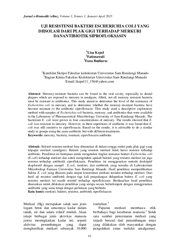 (PDF) Uji Resistensi Bakteri Escherichia Coli Yang Diisolasi Dari Plak Gigi Terhadap Merkuri ...