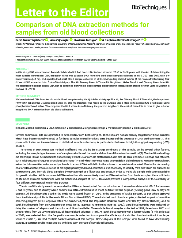 (PDF) Comparison of DNA extraction methods for samples from old blood ...