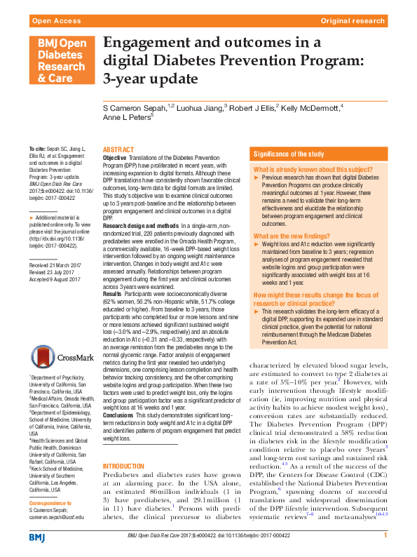 (PDF) Engagement and outcomes in a digital Diabetes Prevention Program ...