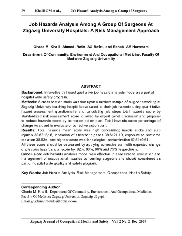 (PDF) Job Hazards Analysis Among A Group Of Surgeons At Zagazig ...