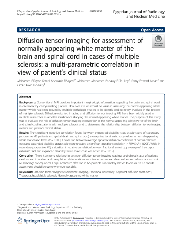 (PDF) Diffusion tensor imaging for assessment of normally appearing white matter of the brain ...