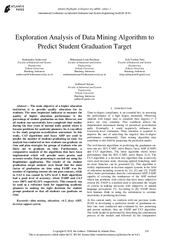 (PDF) Exploration Analysis of Data Mining Algorithm to Predict Student Graduation Target