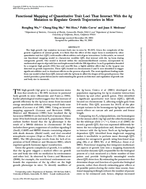 (PDF) Functional Mapping of Quantitative Trait Loci Underlying the Character Process A Theoretical