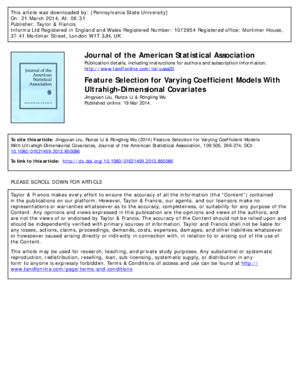 Pdf Feature Selection For Varying Coefficient Models With Ultrahigh Dimensional Covariates