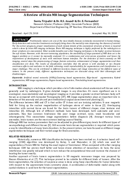 Pdf A Review Of Brain Mr Image Segmentation Techniques