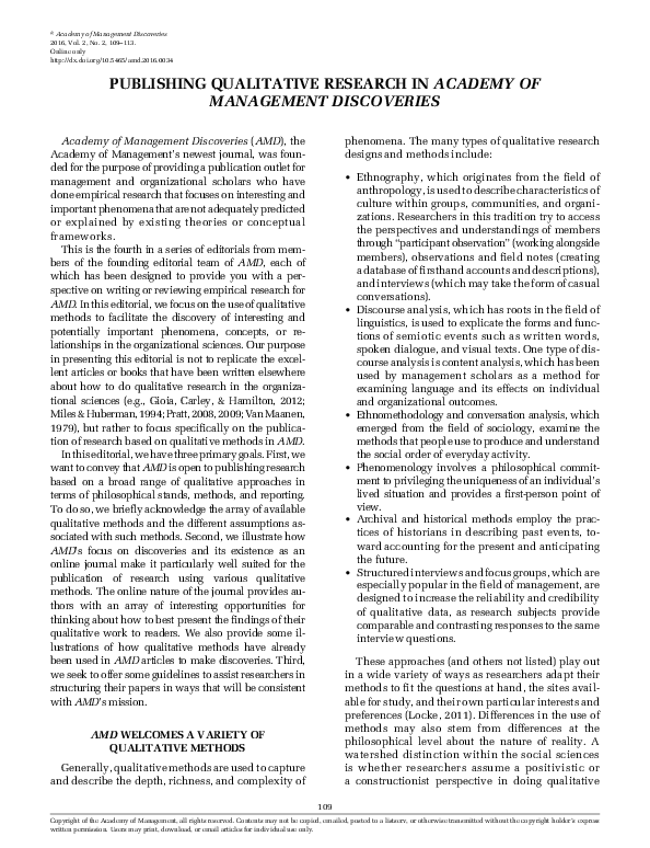 (PDF) Publishing Qualitative Research in Academy of Management Discoveries