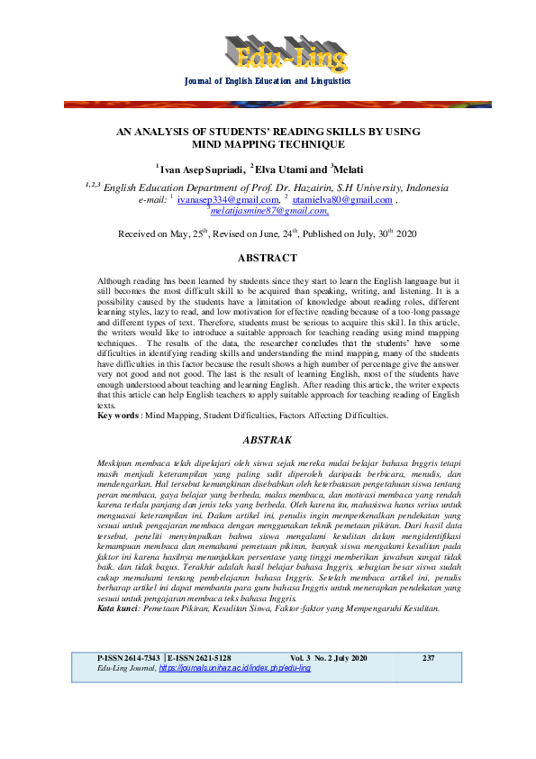 (PDF) An Analysis of Students' Reading Skills by Using Mind Mapping Technique