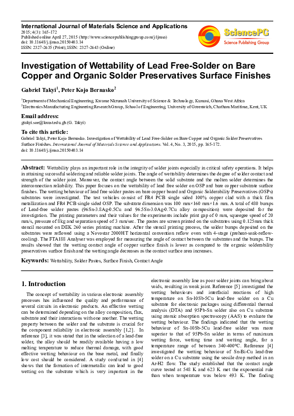 (PDF) Investigation of Wettability of Lead Free-Solder on Bare Copper ...