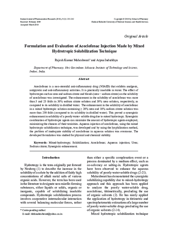 (PDF) Formulation and evaluation of aceclofenac injection made by mixed ...