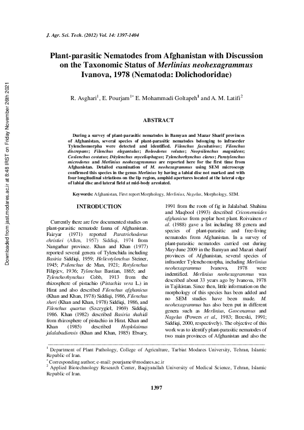 (PDF) Plant-parasitic Nematodes from Afghanistan with Discussion on the ...