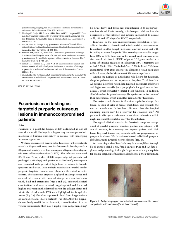 (PDF) Fusariosis manifesting as targetoid purpuric cutaneous lesions in ...