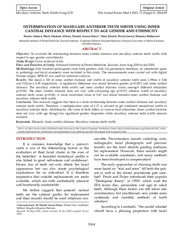 (PDF) Determination of Maxillary Anterior Teeth Width Using Inner ...