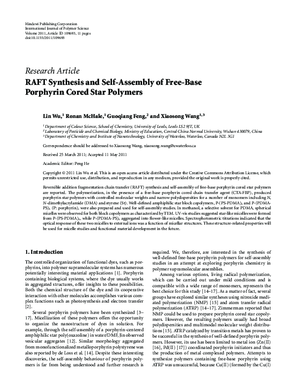 (PDF) RAFT Synthesis and Self-Assembly of Free-Base Porphyrin Cored ...