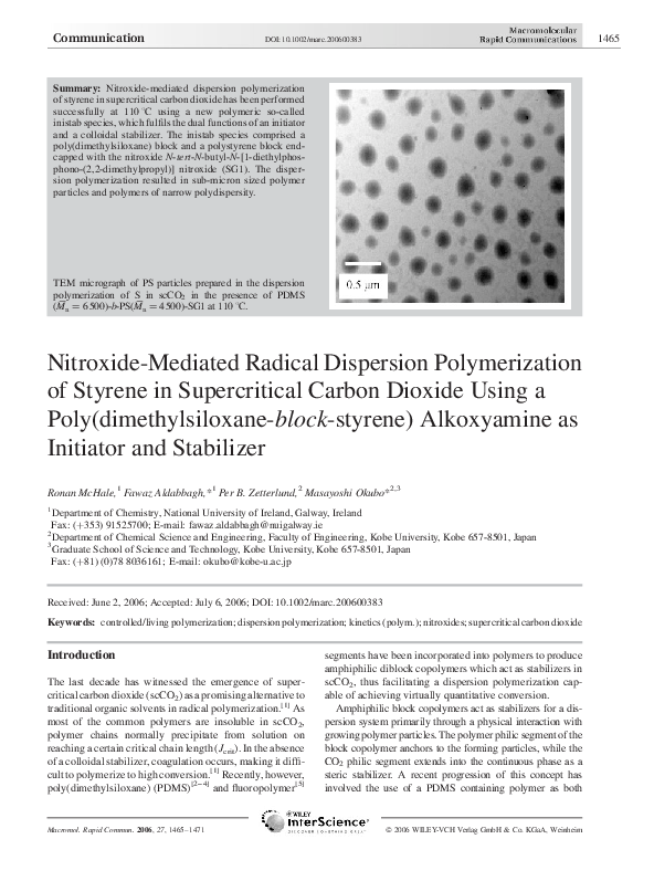 (PDF) Nitroxide-mediated radical dispersion polymerization of styrene in supercritical carbon ...