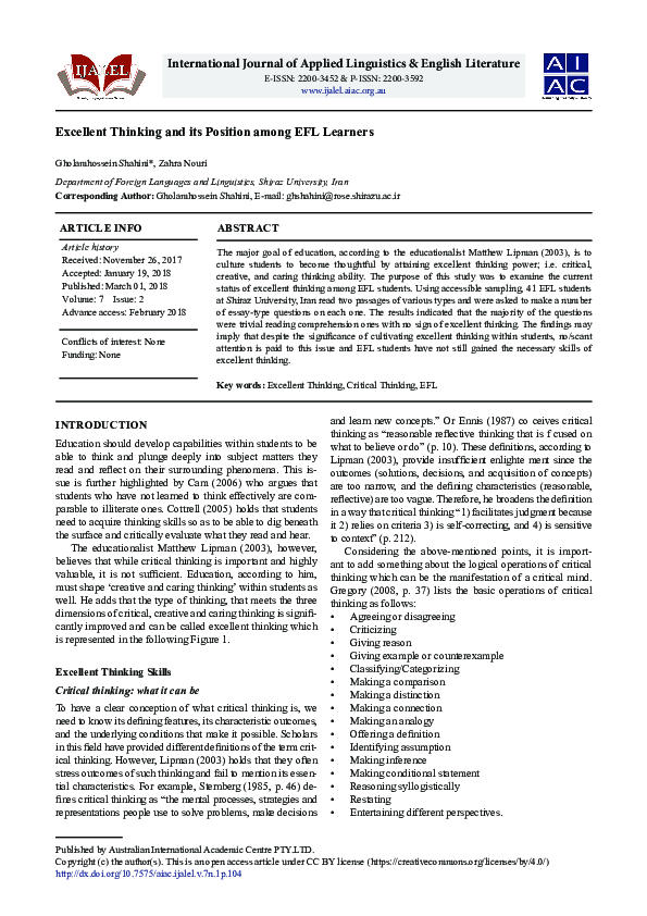 (PDF) Excellent Thinking and Its Position among EFL Learners