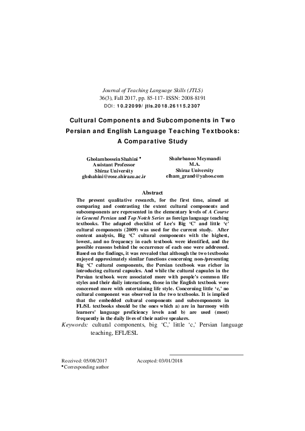 (PDF) Cultural Components and Subcomponents in Two Persian and English ...