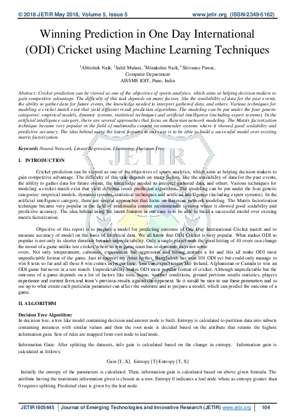 (PDF) Winning Prediction in One Day International (ODI) Cricket using ...