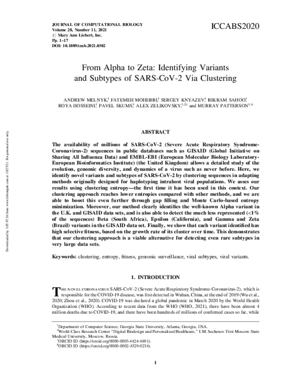 Pdf From Alpha To Zeta Identifying Variants And Subtypes Of Sars Cov 2 Via Clustering