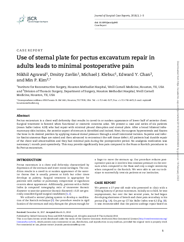 (PDF) Use of sternal plate for pectus excavatum repair in adults leads ...