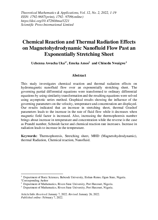 (PDF) Chemical Reaction and Thermal Radiation Effects on Magnetohydrodynamic Nanofluid Flow Past ...