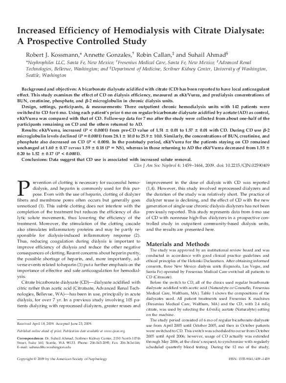 (PDF) Increased efficiency of hemodialysis with citrate dialysate: a ...