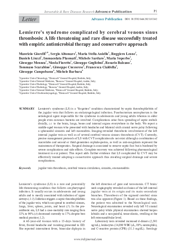 (PDF) Lemierre's syndrome complicated by cerebral venous sinus ...