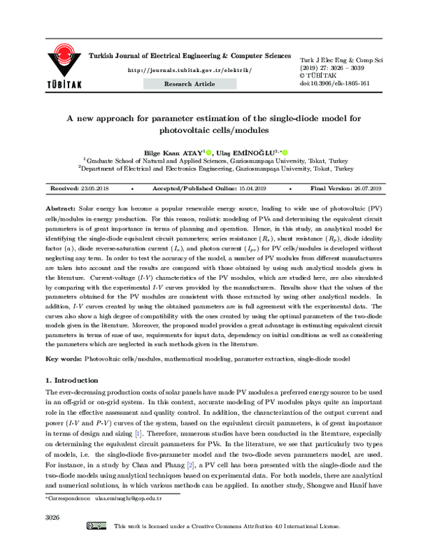 (PDF) A new approach for parameter estimation of the single-diode model for photovoltaic cells ...