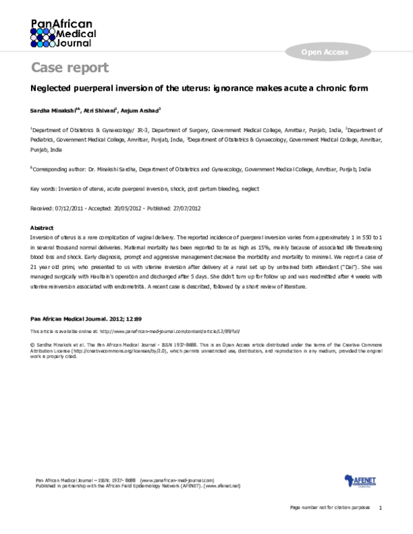 (PDF) Neglected puerperal inversion of the uterus: ignorance makes ...