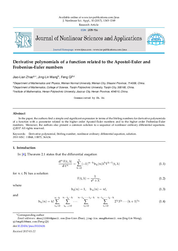 Pdf Derivative Polynomials Of A Function Related To The Apostol Euler
