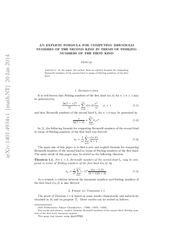 Pdf A New Formula For The Bernoulli Numbers Of The Second Kind In Terms Of The Stirling