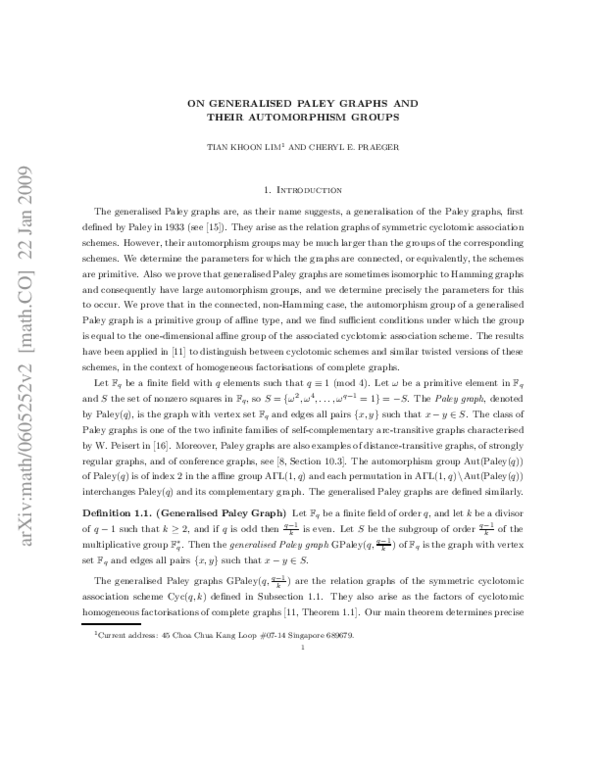 (PDF) On generalised Paley graphs and their automorphism groups