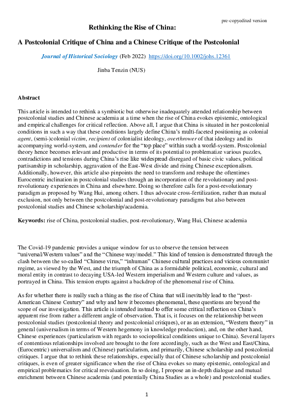 (PDF) Rethinking the Rise of China: A Postcolonial Critique of China ...