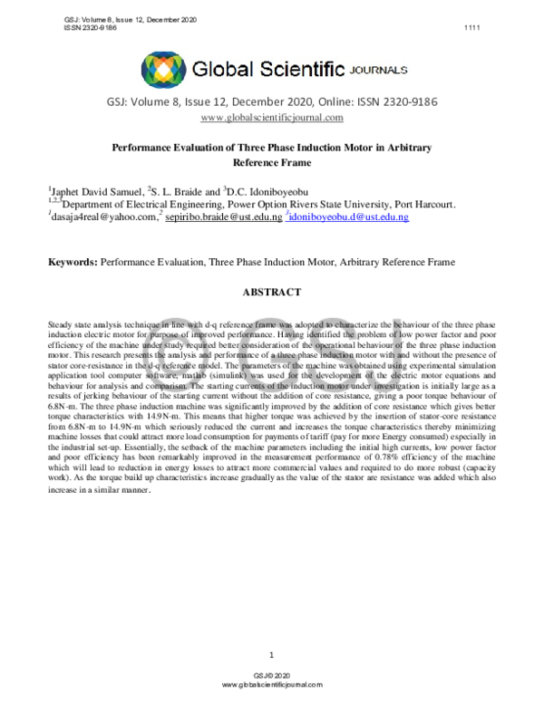 Pdf Performance Evaluation Of Three Phase Induction Motor In Arbitrary Reference Frame