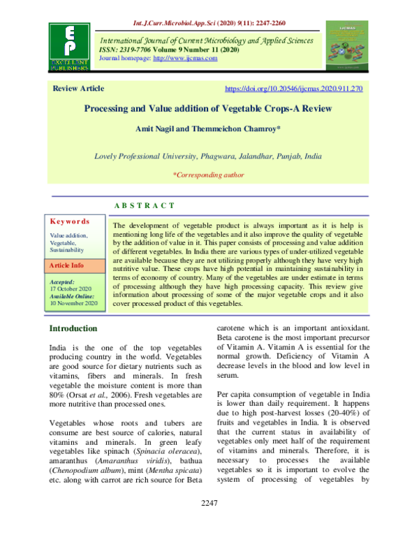 (PDF) Processing and Value addition of Vegetable Crops-A Review