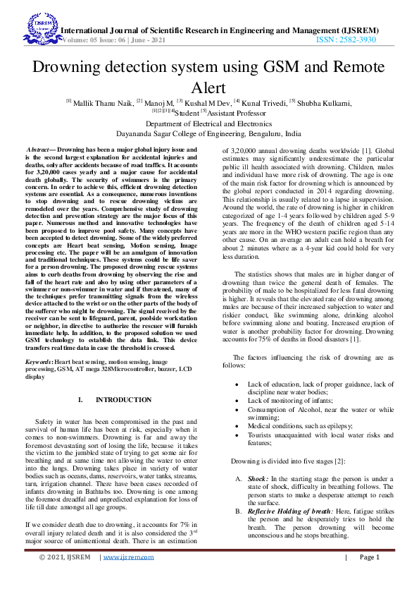 (PDF) Drowning detection system using GSM and Remote Alert