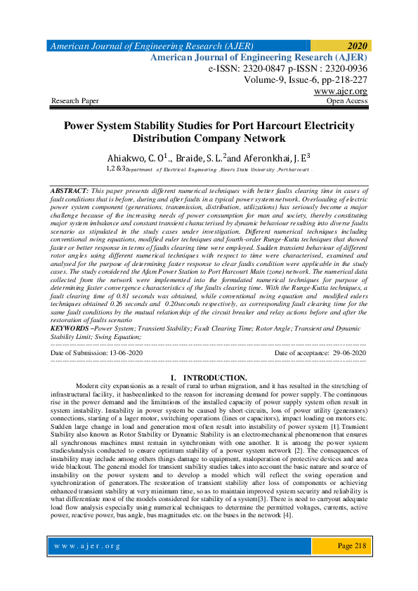 (PDF) Power System Stability Studies for Port Harcourt Electricity ...