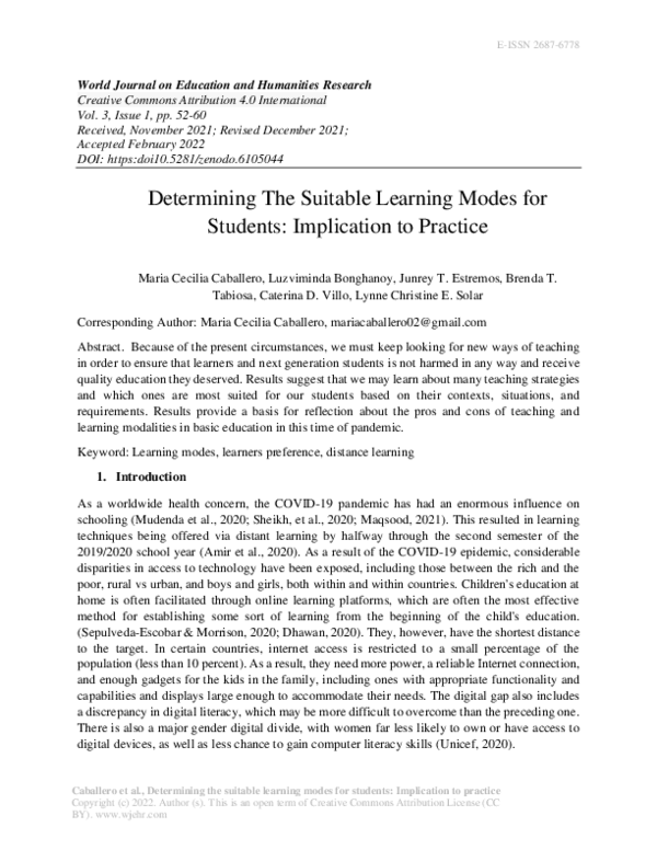 (PDF) Determining The Suitable Learning Modes for Students: Implication ...