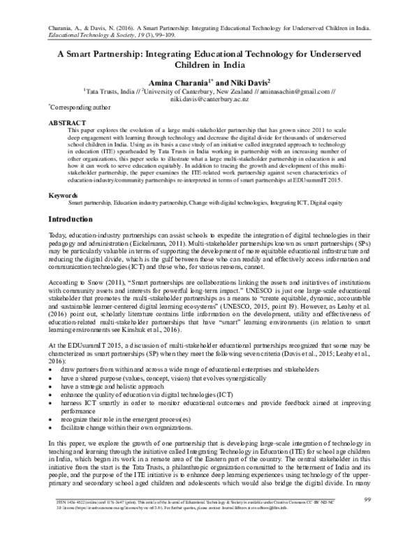 (PDF) A Smart Partnership: Integrating Educational Technology for Underserved Children in India