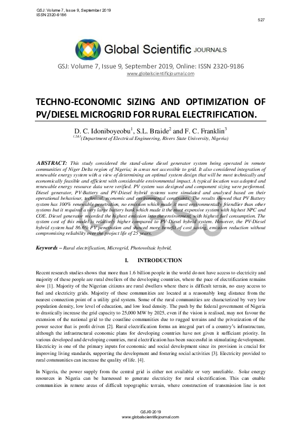 Pdf Optimizing Pv Diesel Microgrid For Rural Use
