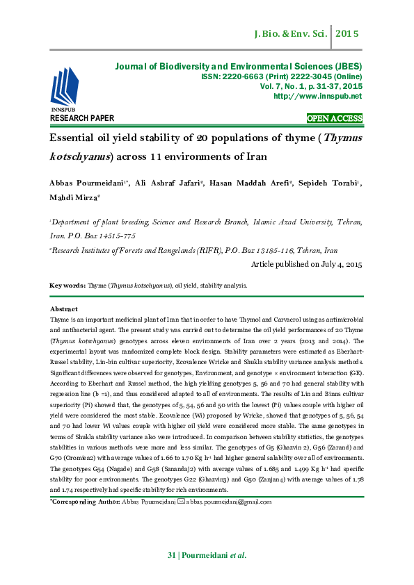 (PDF) Essential oil yield stability of 20 populations of thyme (Thymus ...