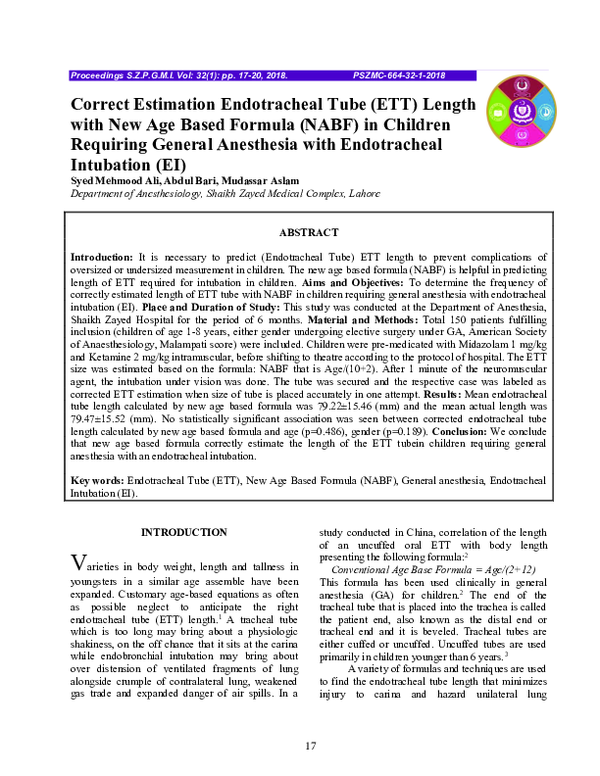 (PDF) Correct Estimation Endotracheal Tube (ETT) Length with New Age ...