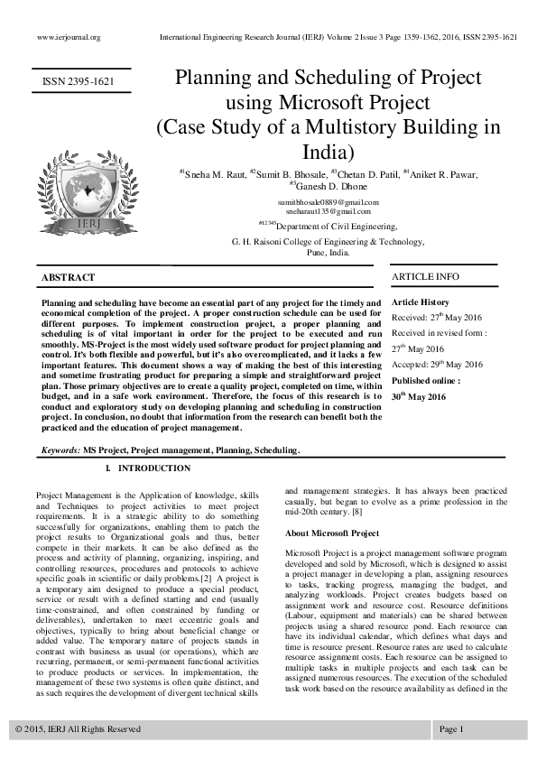 (PDF) Planning and Scheduling of Project using Microsoft Project (Case Study of a Multistory ...
