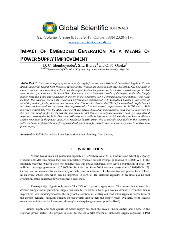 (PDF) Impact of Embedded Generation as a means of Power Supply Improvement