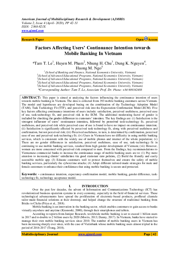 (PDF) Factors Affecting Users’ Continuance Intention towards Mobile Banking In Vietnam